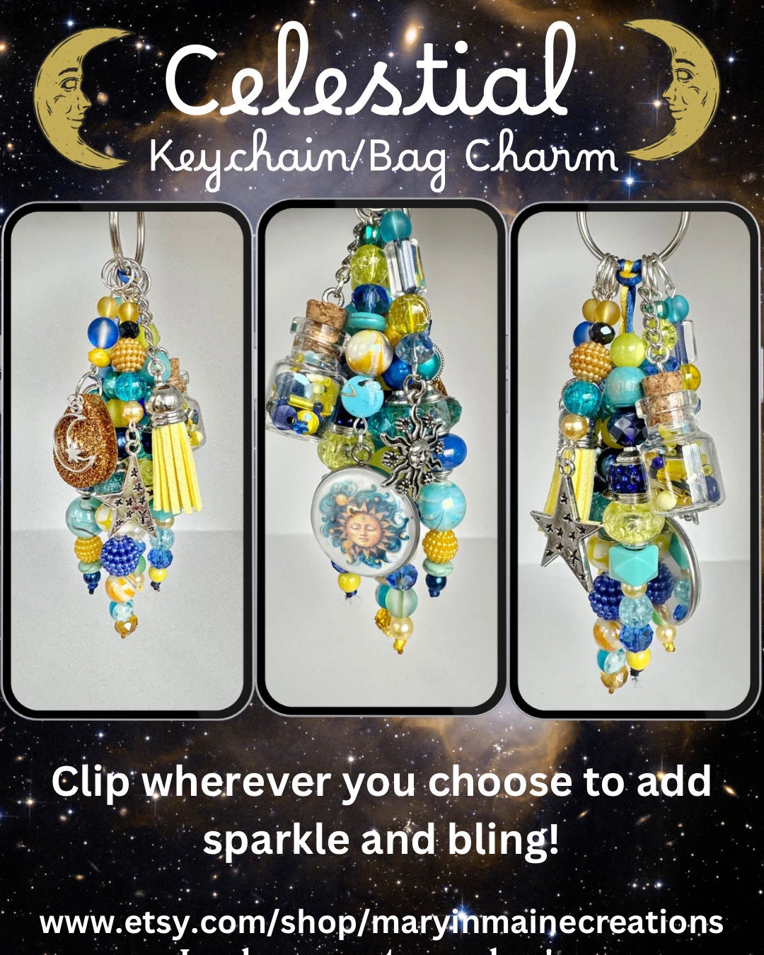 Celestial Keychain, Celestial Bag Charm, Beaded Keychain, Celestial ...