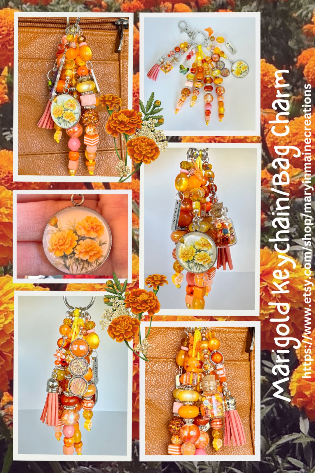 Cute Marigold Keychain Charm, Beaded Marigold Bag Charm, Handmade ...
