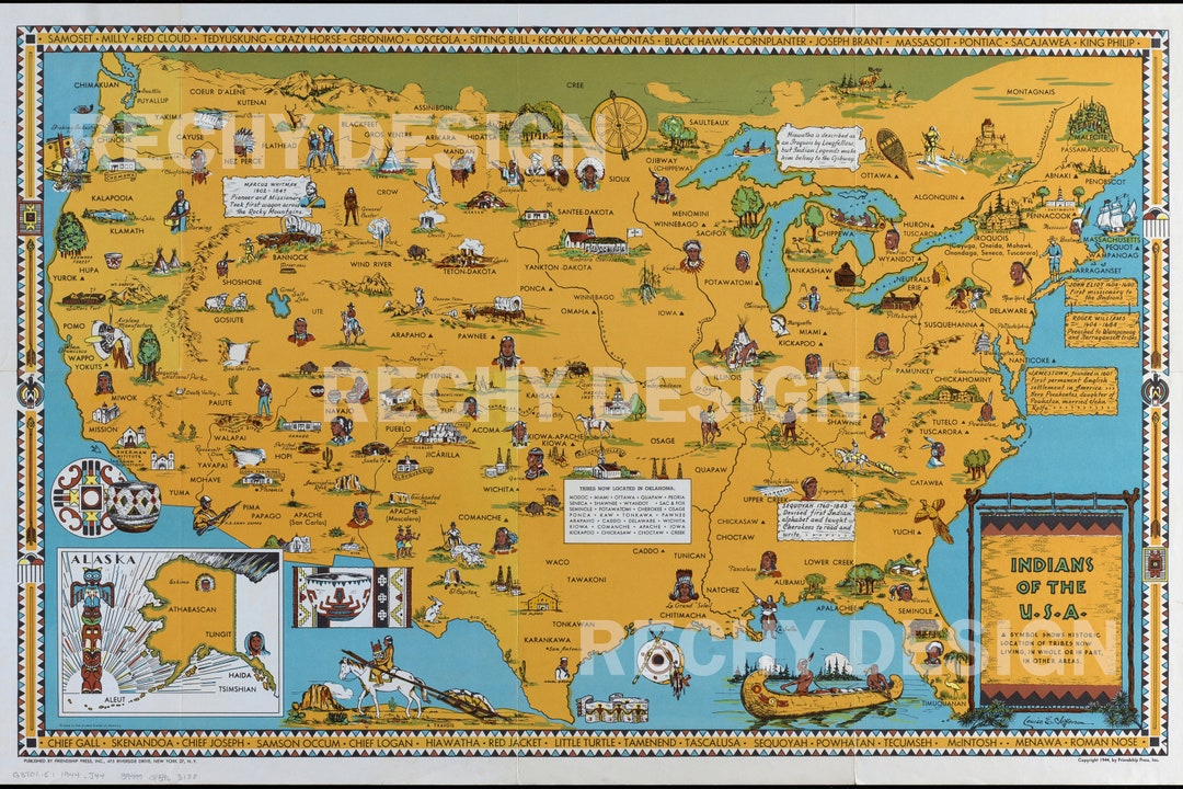 Native American Tribes Map Poster 1944 American Indian Tribal Map ...