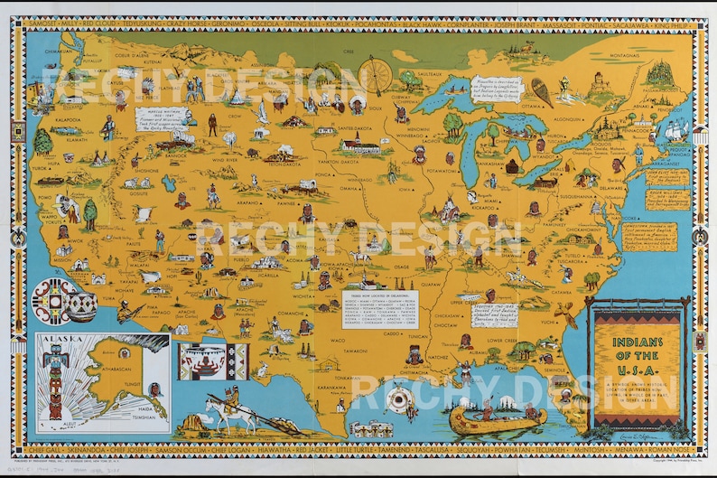 Native American Tribes Map Poster 1944 - American Indian Tribal Map ...