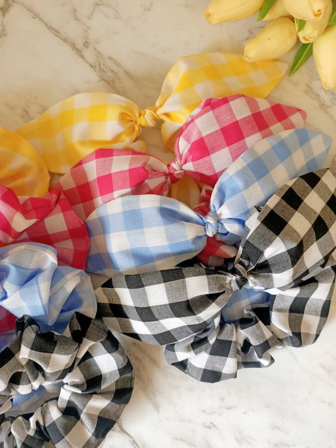 Gingham Scrunchie/ Handmade Knot Bow Gingham Scrunchies/ Blue, Yellow ...