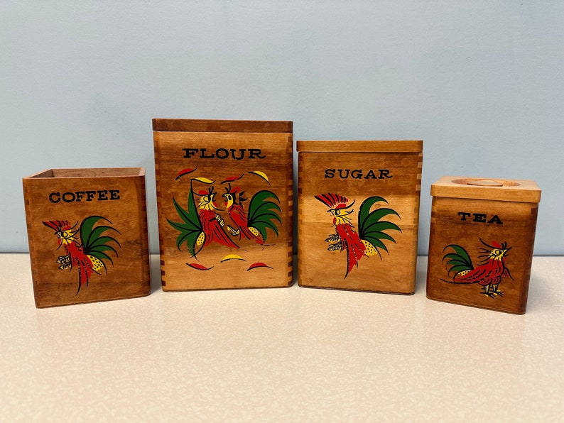 Vintage Rooster & Hen Wooden Canister Set, Vintage Rooster Chicken ...