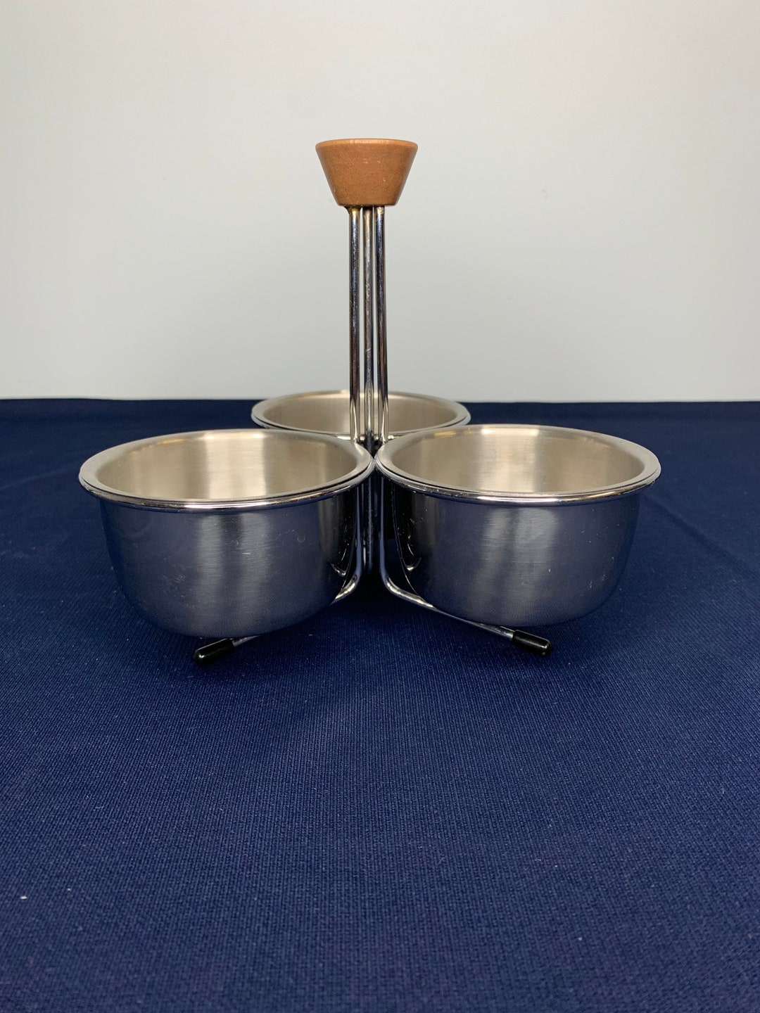 Vintage MCM Stainless Condiment Set, Chrome Relish Dish, 3 Bowls, Wood ...