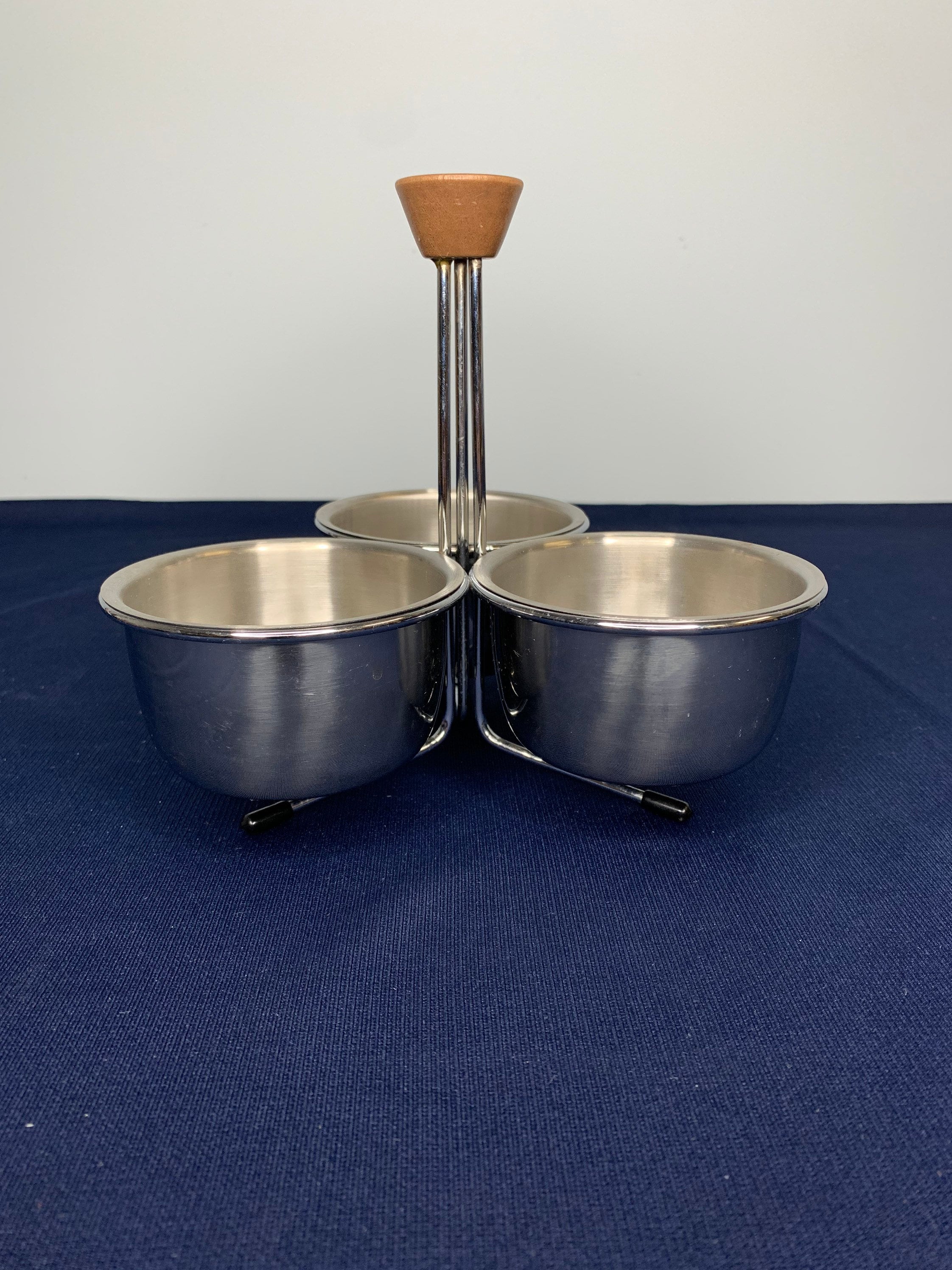 Vintage MCM Stainless Condiment Set, Chrome Relish Dish, 3 Bowls, Wood ...