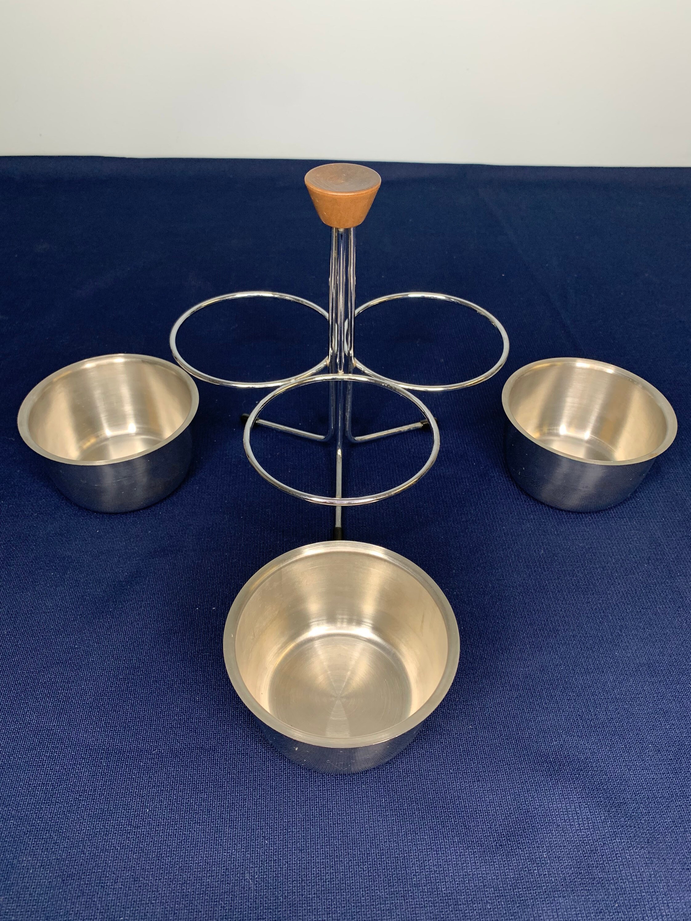Vintage MCM Stainless Condiment Set, Chrome Relish Dish, 3 Bowls, Wood ...