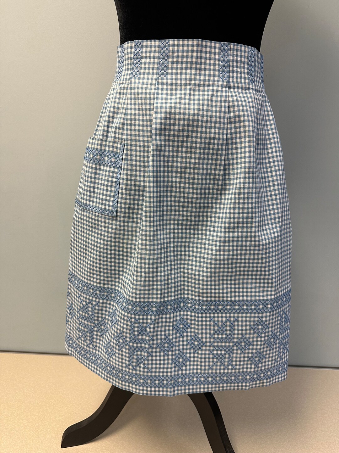 Blue & White Gingham Check Half Apron W/ Pocket, Vintage Style Half ...