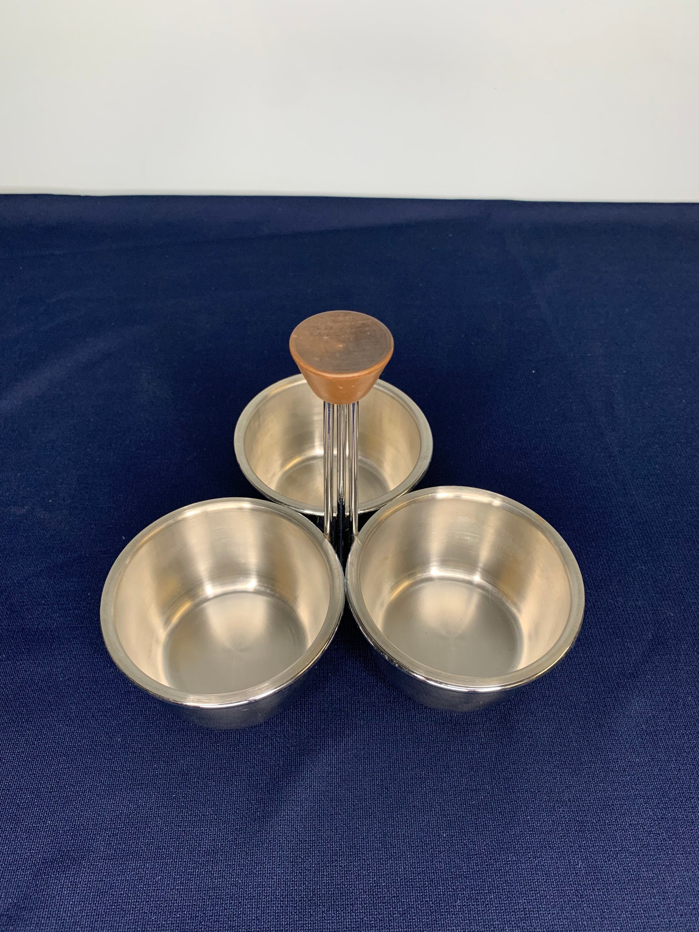 Vintage MCM Stainless Condiment Set, Chrome Relish Dish, 3 Bowls, Wood ...
