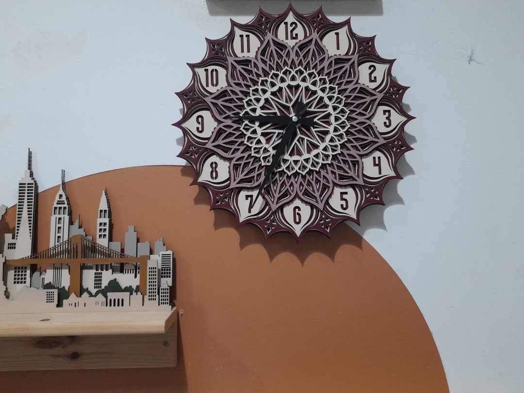 Wall Clock, Multilayer Wooden Art, Wall Decoration, 3D Mandala Flower ...