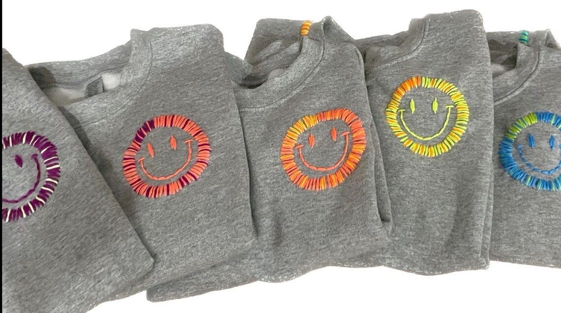 Embroidered Smile Face Crewneck Sweatshirt | Adult Unisex | Hand ...