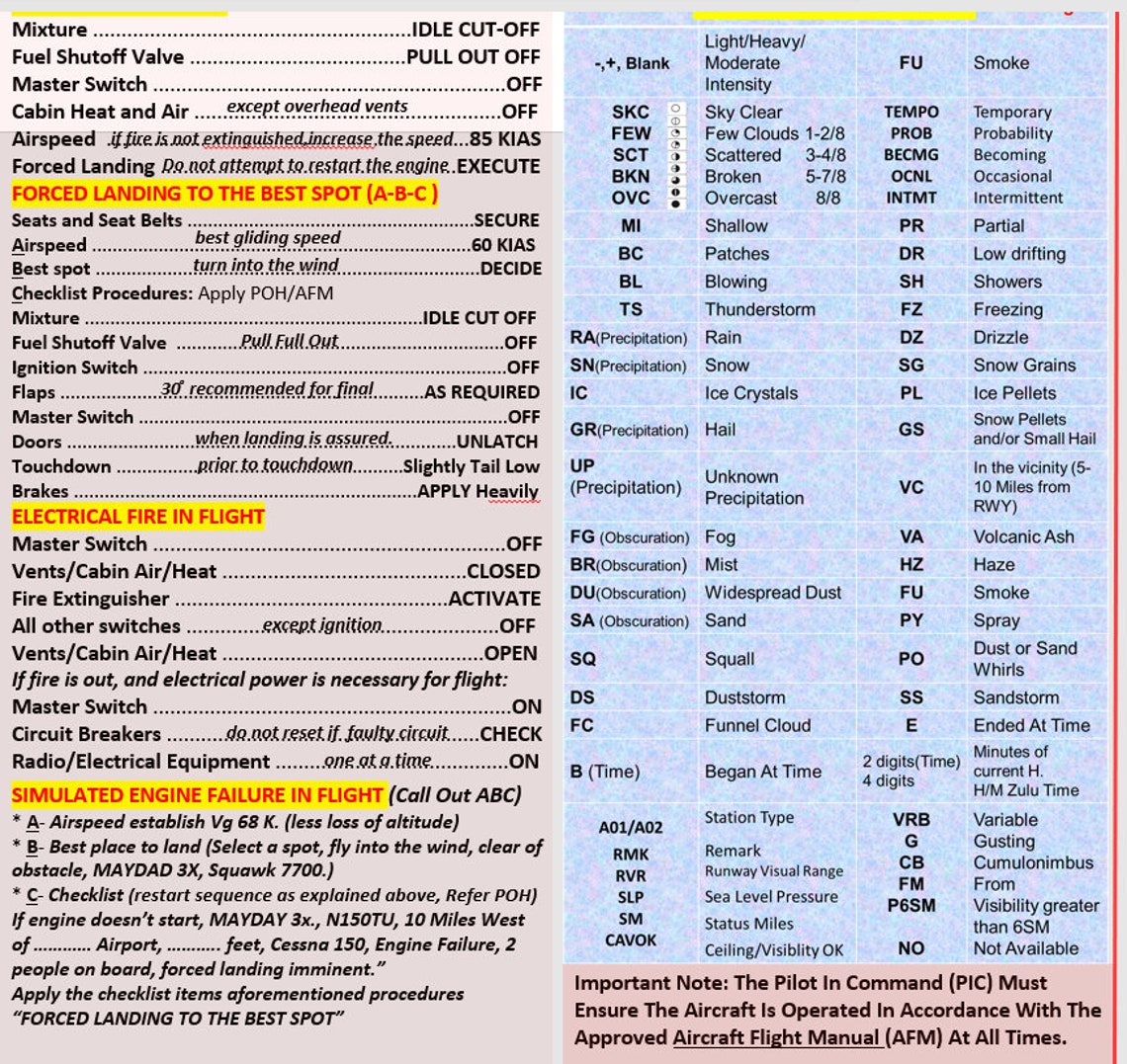 ALL IN ONE: Cessna 150 Extended Quick Reference Checklist for Pilots ...