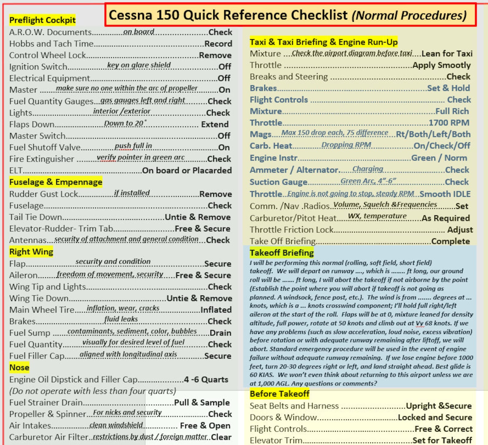 ALL IN ONE: Cessna 150 Extended Quick Reference Checklist for Pilots ...