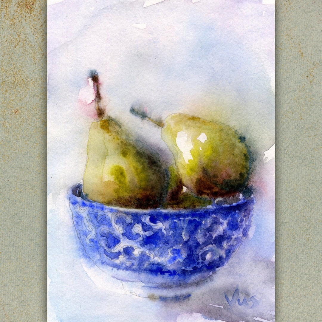 Still Life Plate With a Pattern and Pears, Watercolor Art on Paper 200 ...