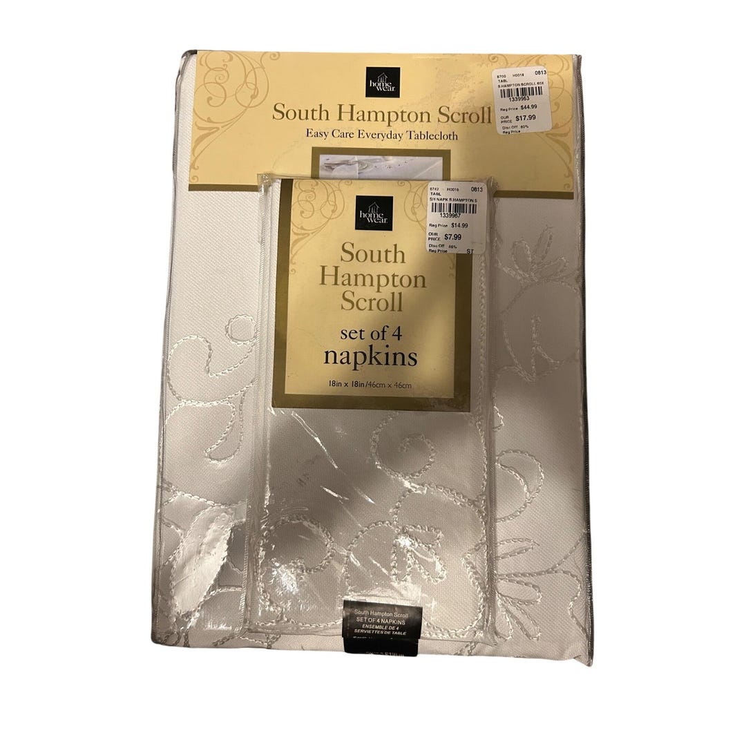 South Hampton Scroll Easy Care Tablecloth & Napkins Set 60" X 84" White ...