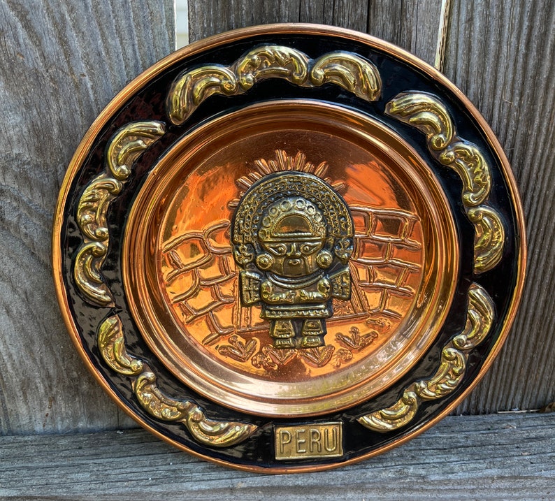 Vintage/antique Peru Peruvian Brass Copper Tone Aztec Warrior Plate ...