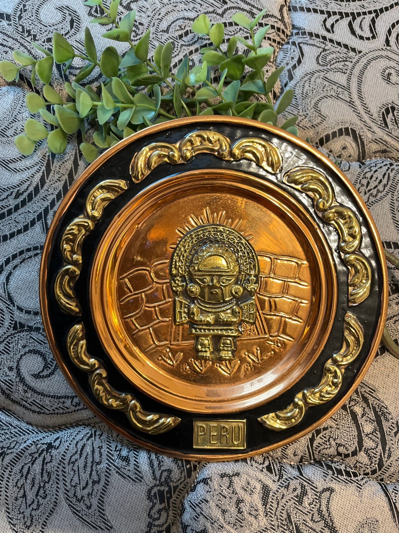 Vintage/antique Peru Peruvian Brass Copper Tone Aztec Warrior Plate ...