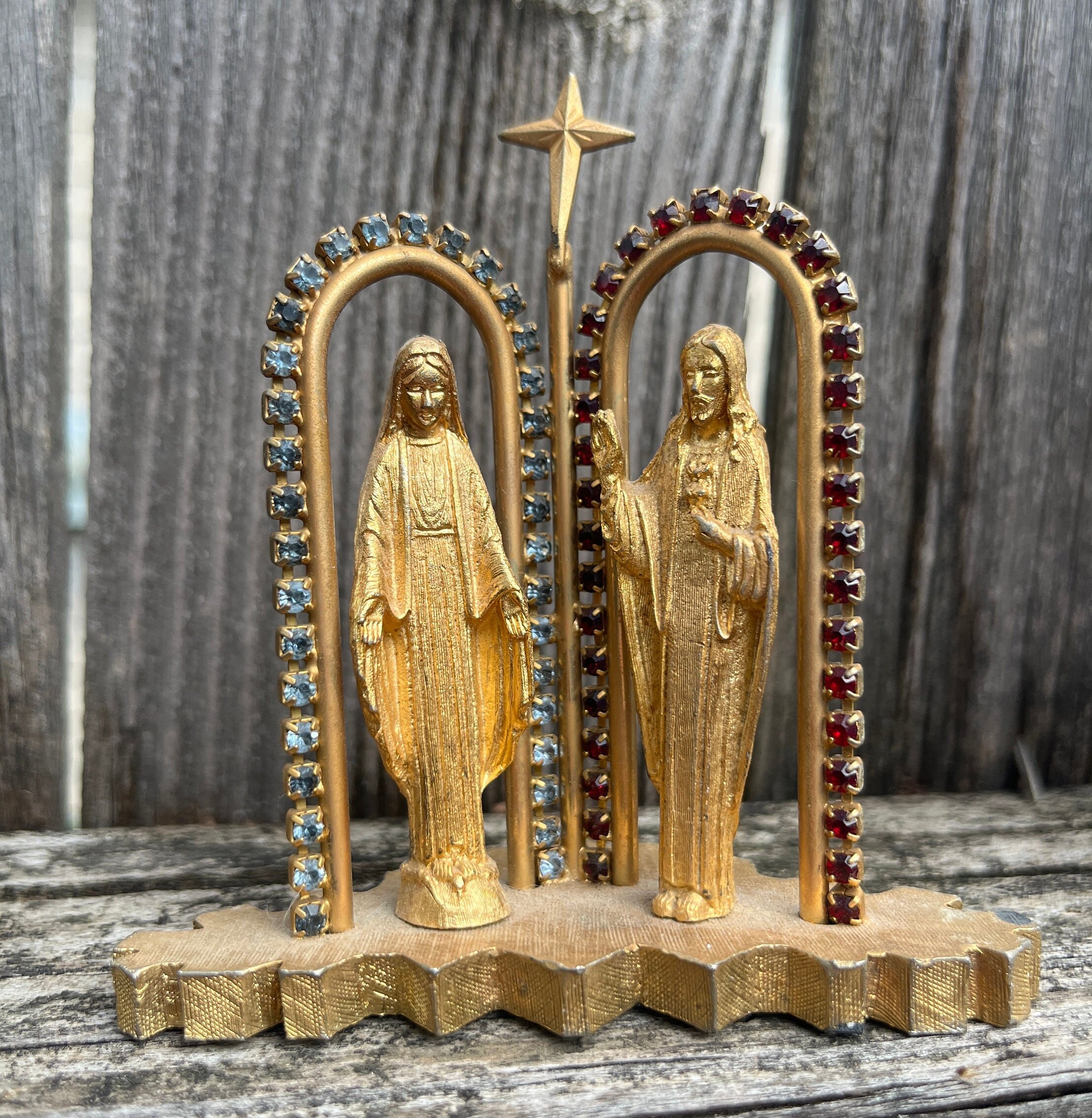 Vintage/antique Metal Miniature Jesus and Mary Statue With Red and Blue ...