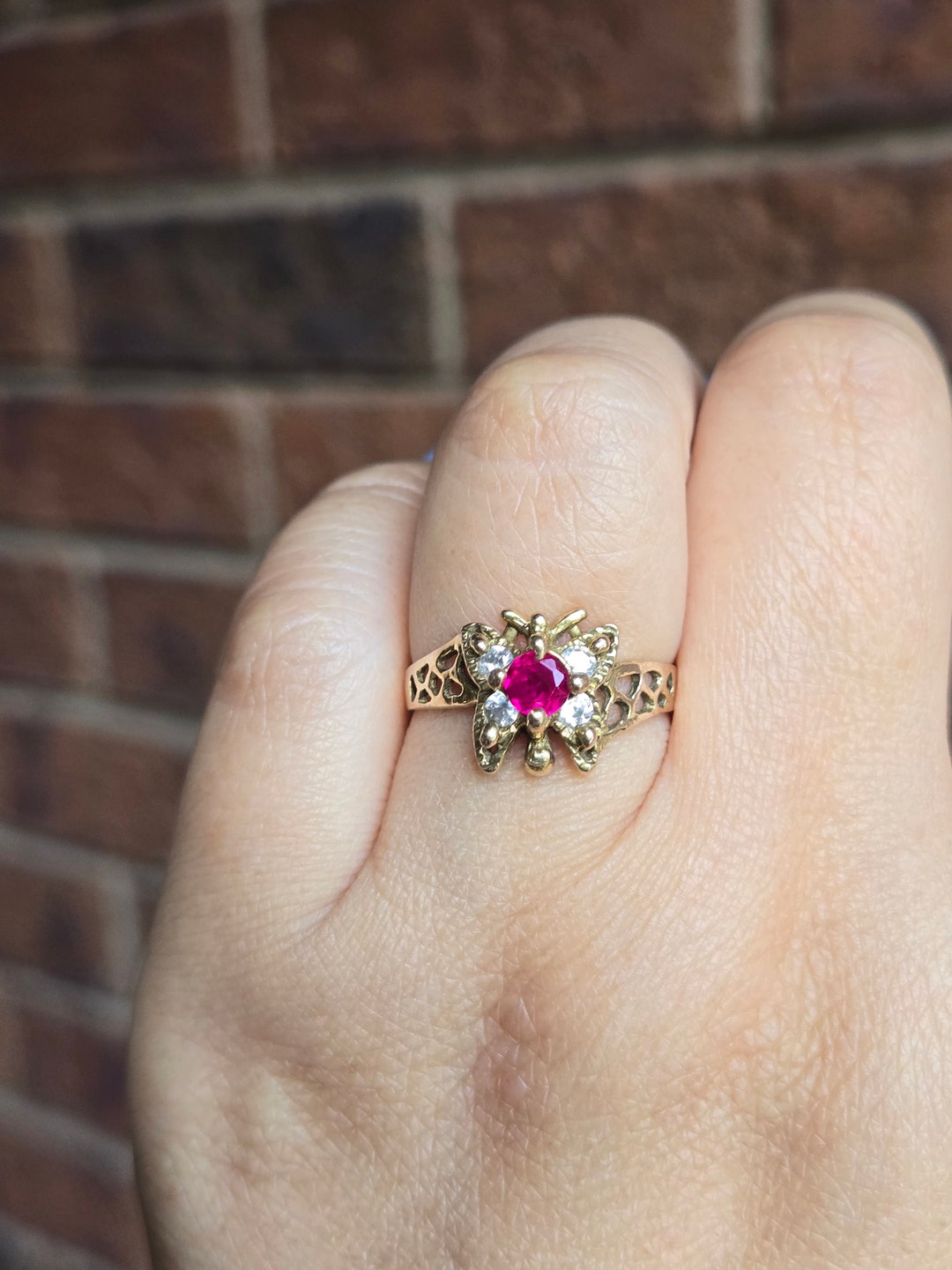 Vintage 14k Yellow Gold Ruby and Tourmaline Butterfly Statement Ring ...