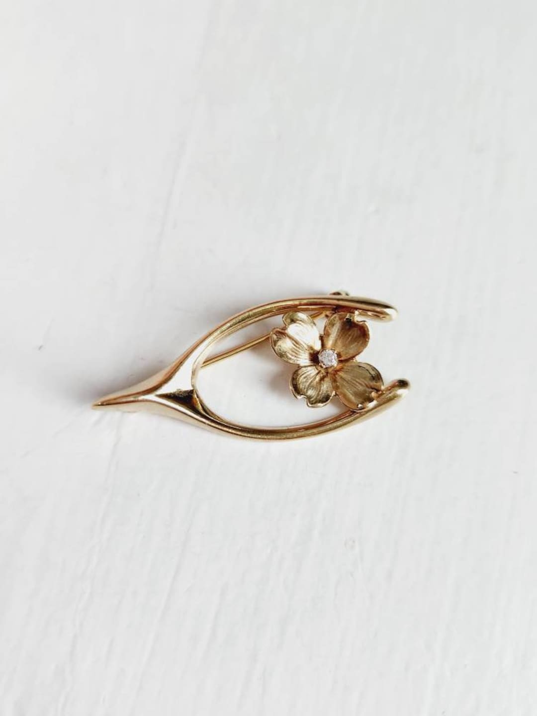 Vintage Solid 14k Yellow Gold Wishbone Brooch/pin With Lucky Clover ...