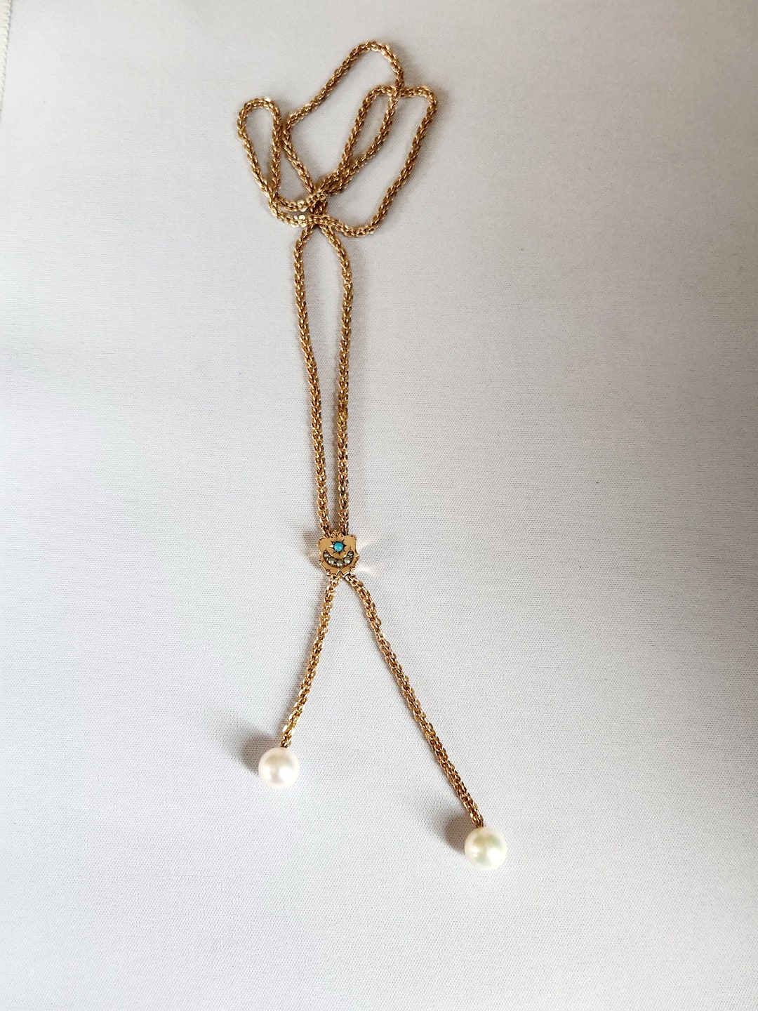 Antique Hefty 10k Yellow Gold Lariat Necklace With Pearl Dangles ...