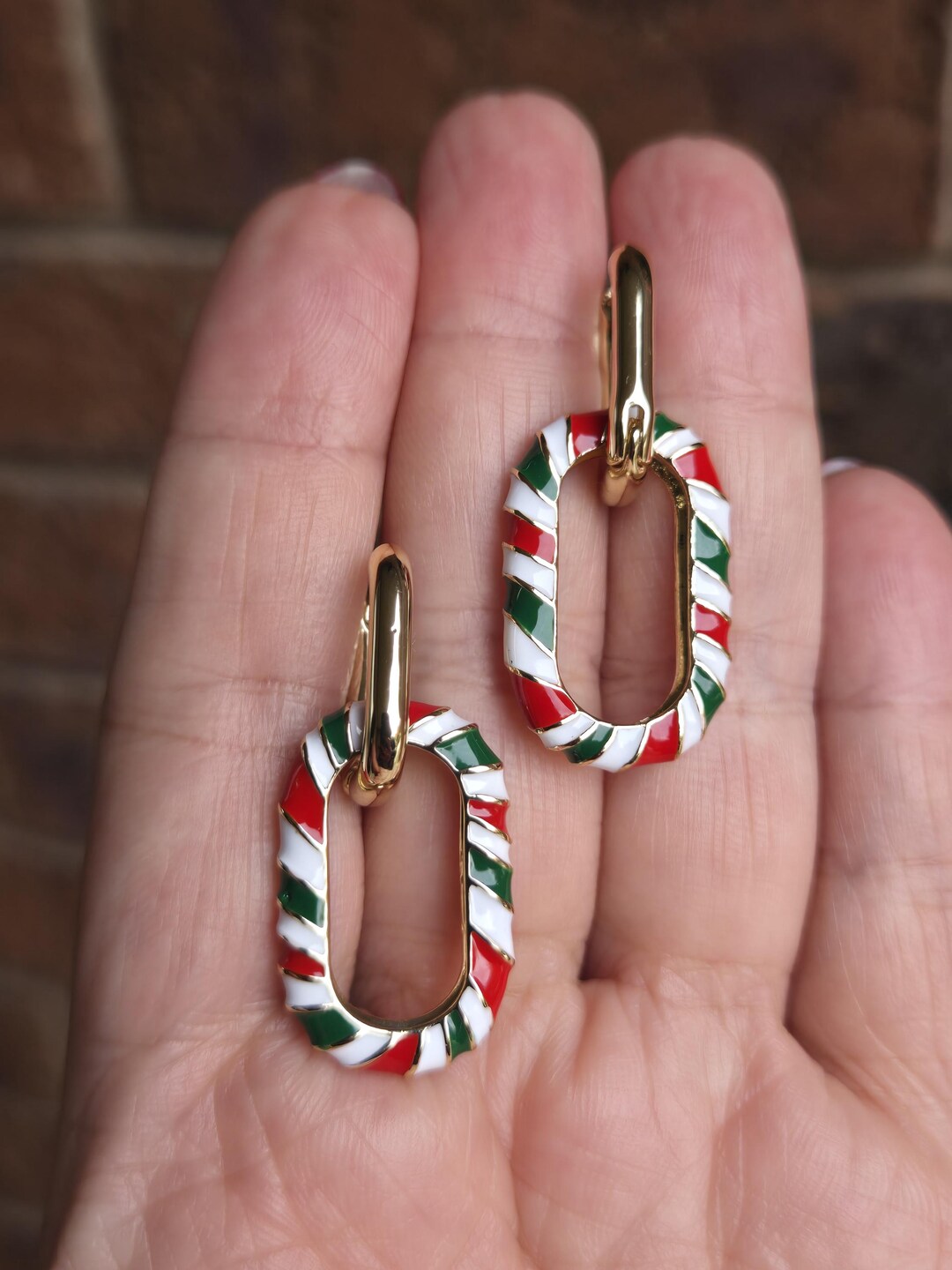 Costume Gold Toned Paper Clip Hoop Earrings With Candy Cane Enamel ...