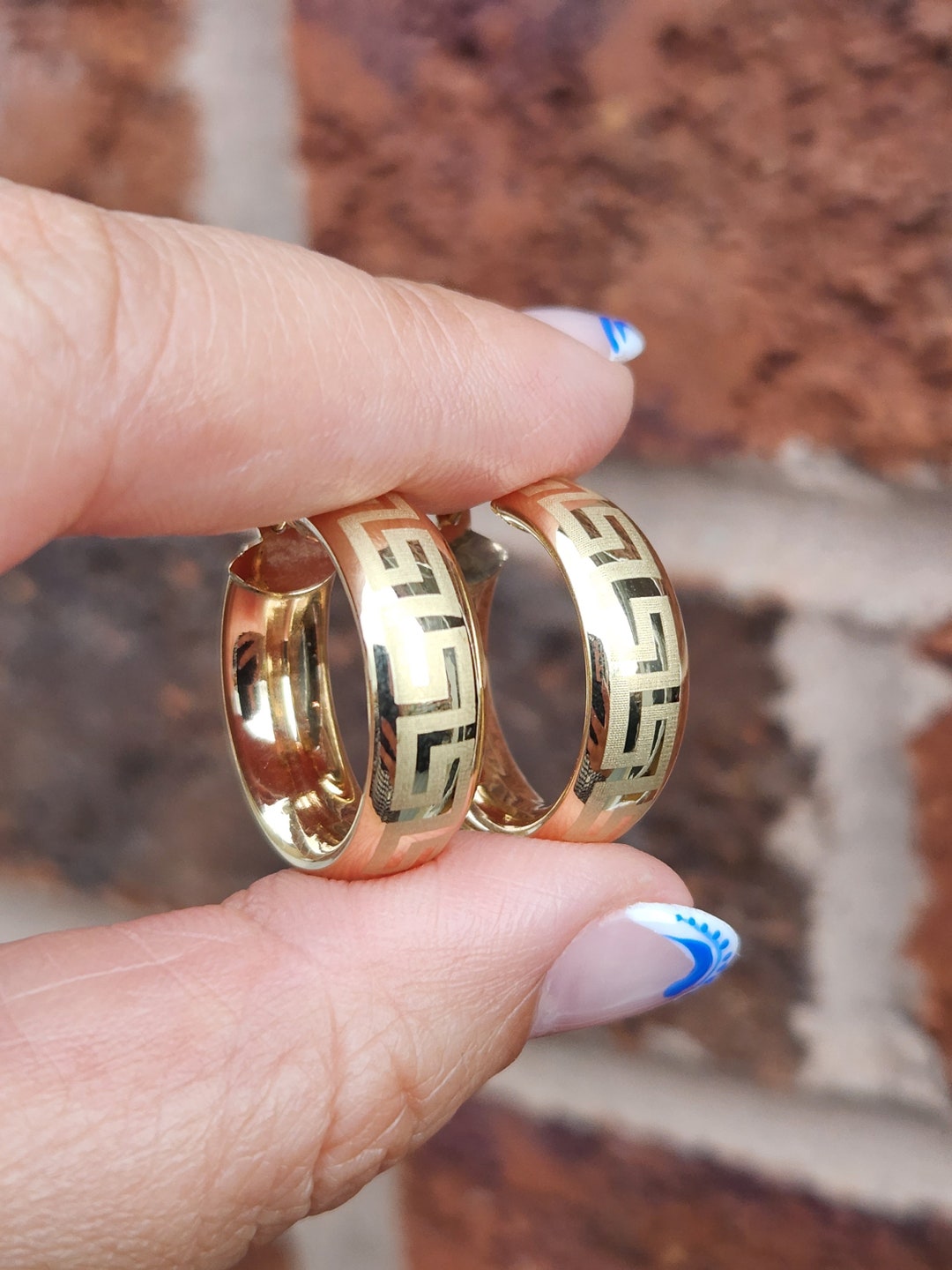 Vintage Estate 10k Yellow Gold Greek Key Pattern Hoops, Chunky Gold ...
