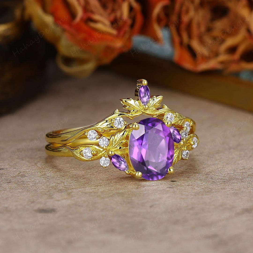 Unique Oval Cut Amethyst Engagement Ring Set, Yellow Gold Purple ...