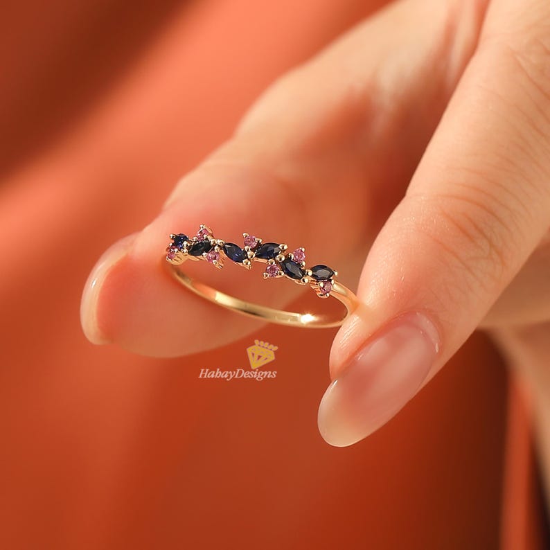 Vintage Marquise Sapphire Stack Wedding Ring, Birthstone Cluster Ruby ...