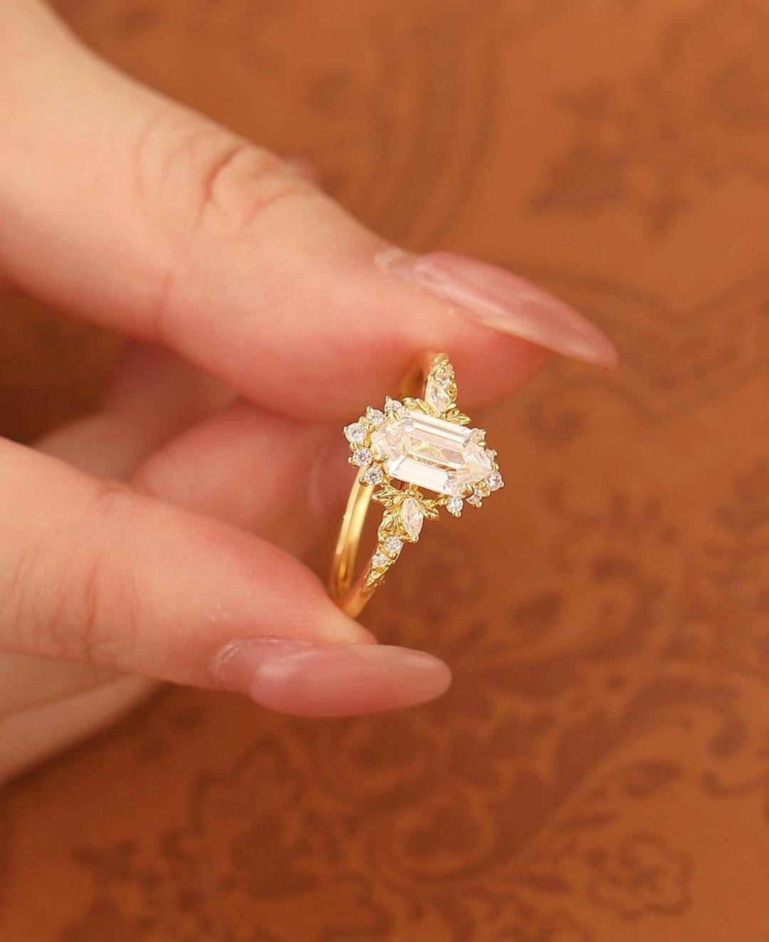 Long Hexagon Colorless Moissanite Engagement Ring, Solid Gold Wedding ...