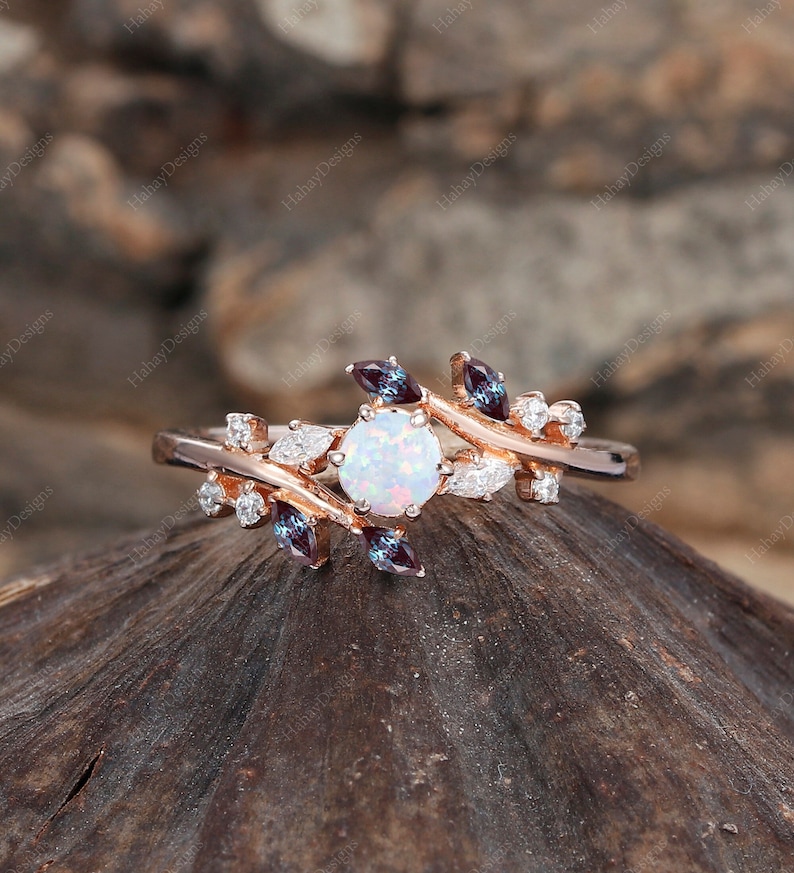 Opal Engagement Ring Gold Pink White Opal Ring Alexandrite Diamond ...
