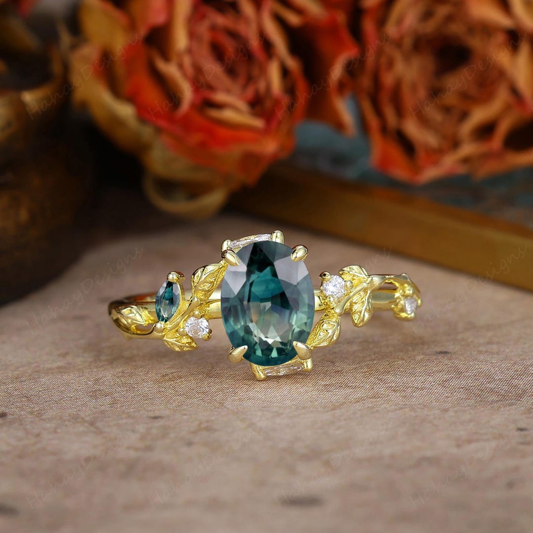 Antique Blue Green Sapphire Wedding Ring, Oval Teal Sapphire Engagement ...