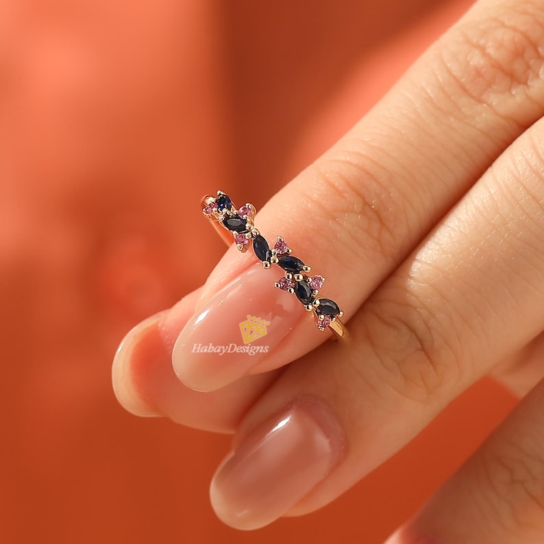 Vintage Marquise Sapphire Stack Wedding Ring, Birthstone Cluster Ruby ...
