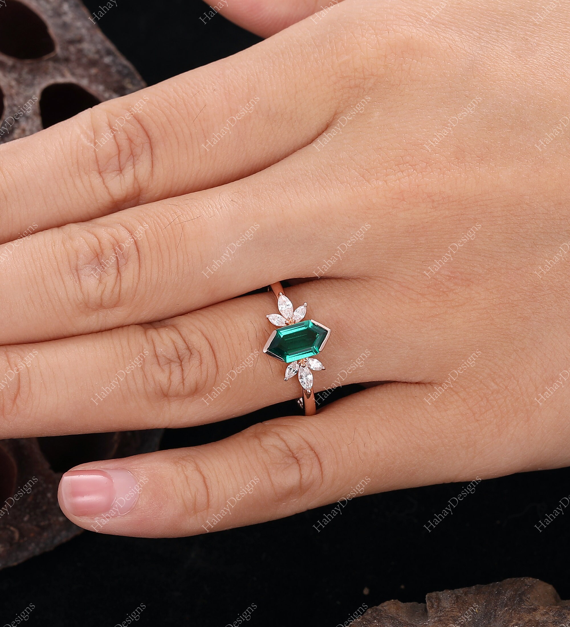 Antique 1CT Elongated Hexagon Cut Emerald Engagement Ring 18k - Etsy