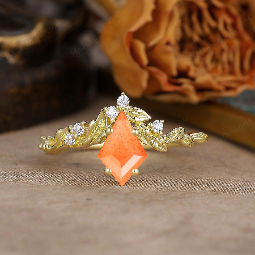 Unique Sunshine Stone Engagement Ring, Solid Gold Kite Orange Flower ...