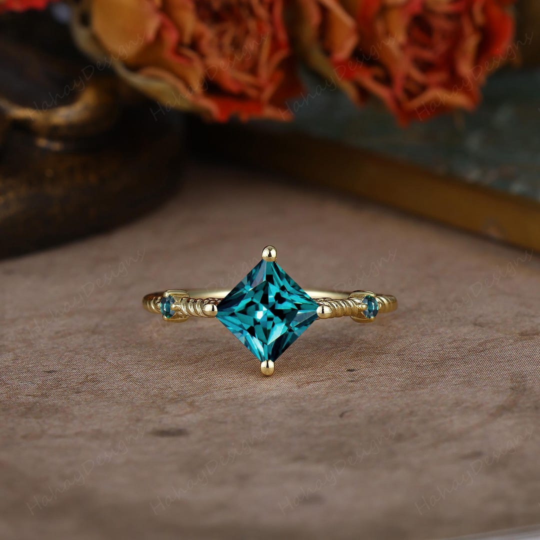 Vintage Princess Cut Teal Sapphire Engagement Ring, Unique 4 Prong Blue ...