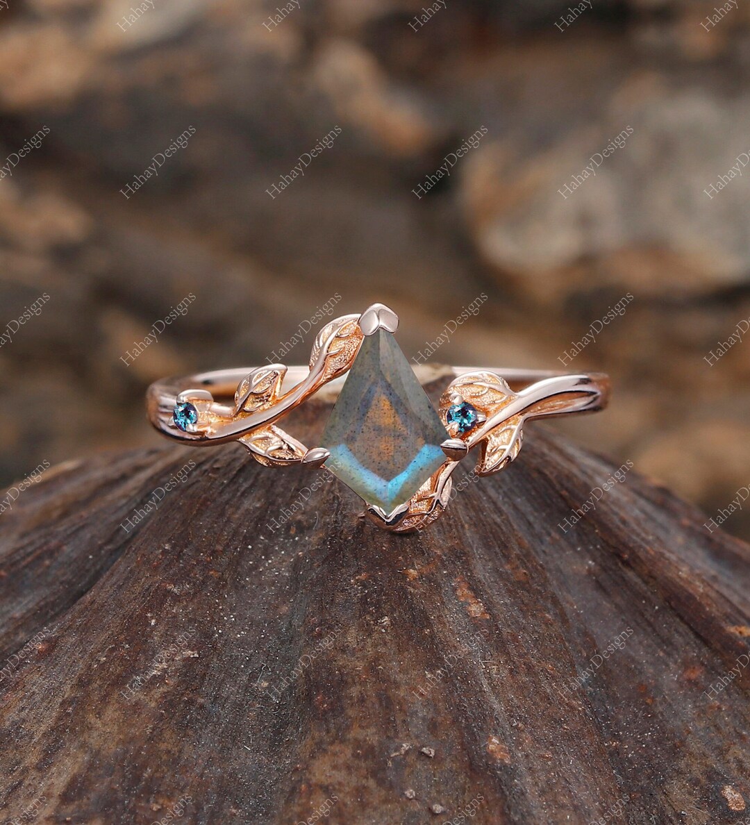 Vintage Kite Labradorite Engagement Ring Leaf Vine Solid Gold Ring ...