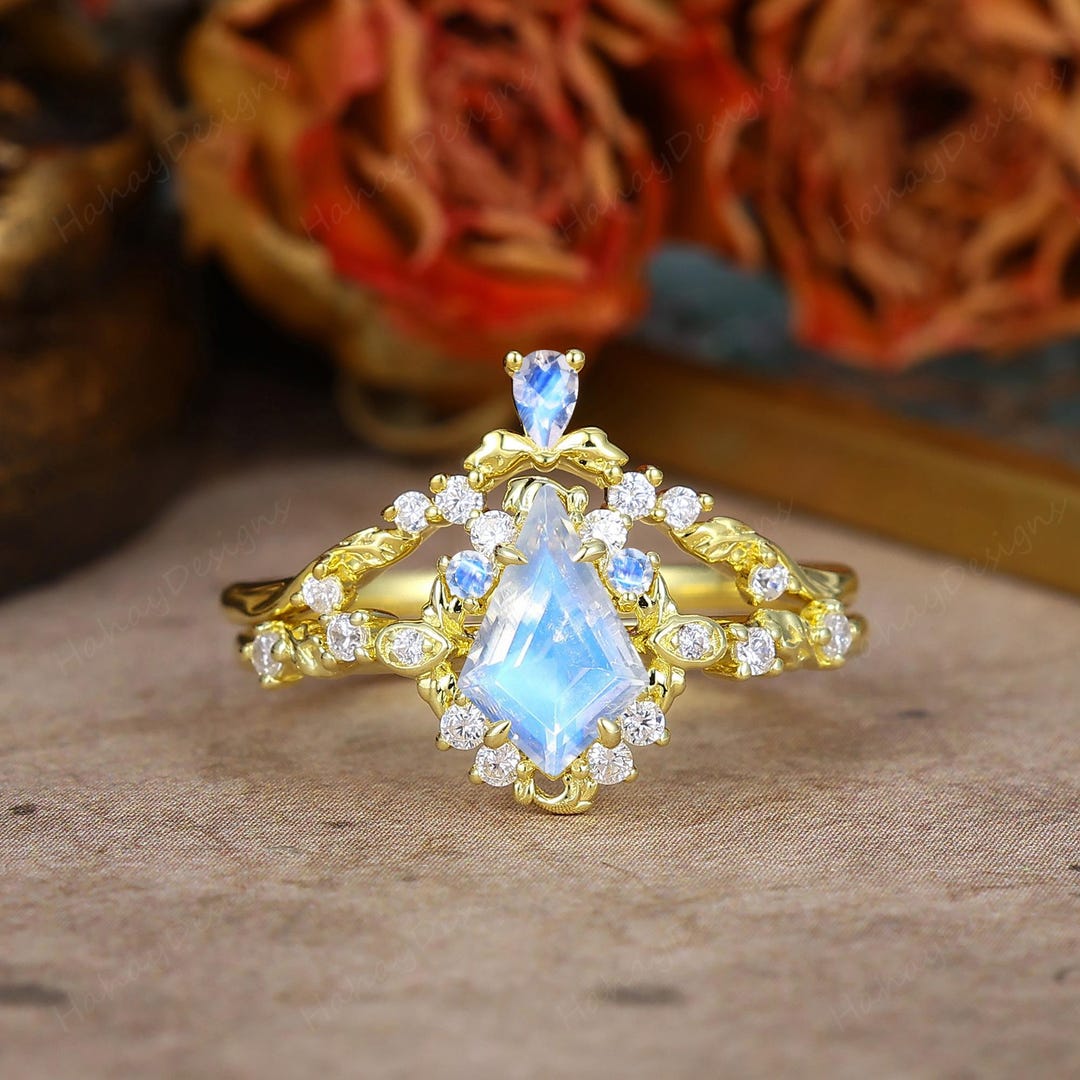 Kite Cut Moonstone Bridal Ring Set, Unique Stacking Engagement Ring for ...