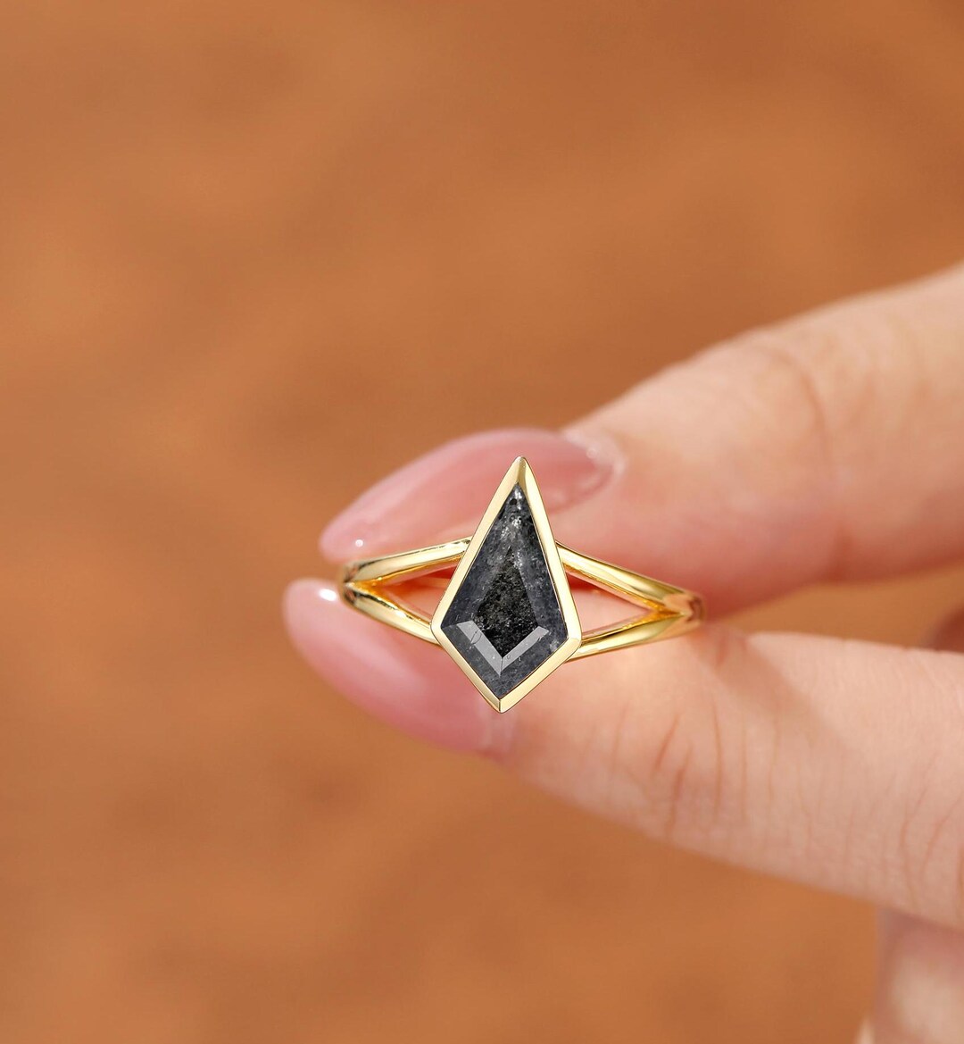 Solid Gold Kite Cut Black Diamond Ring, Engagement Ring Handmade Gold Grey Gemstone Jewelry ...