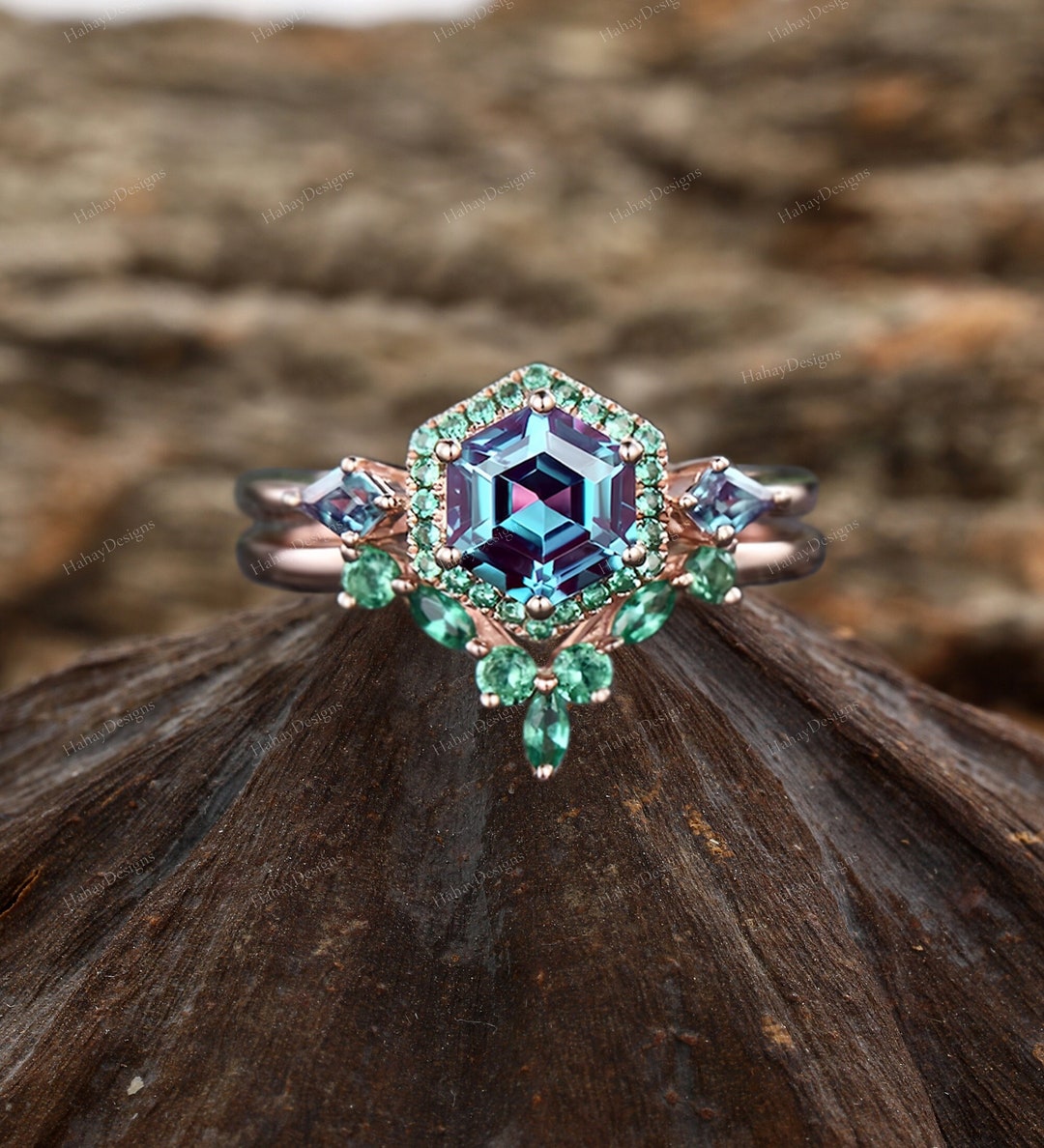 Hexagon Cut Alexandrite Engagement Bridal Set Rose Gold Halo Emerald ...