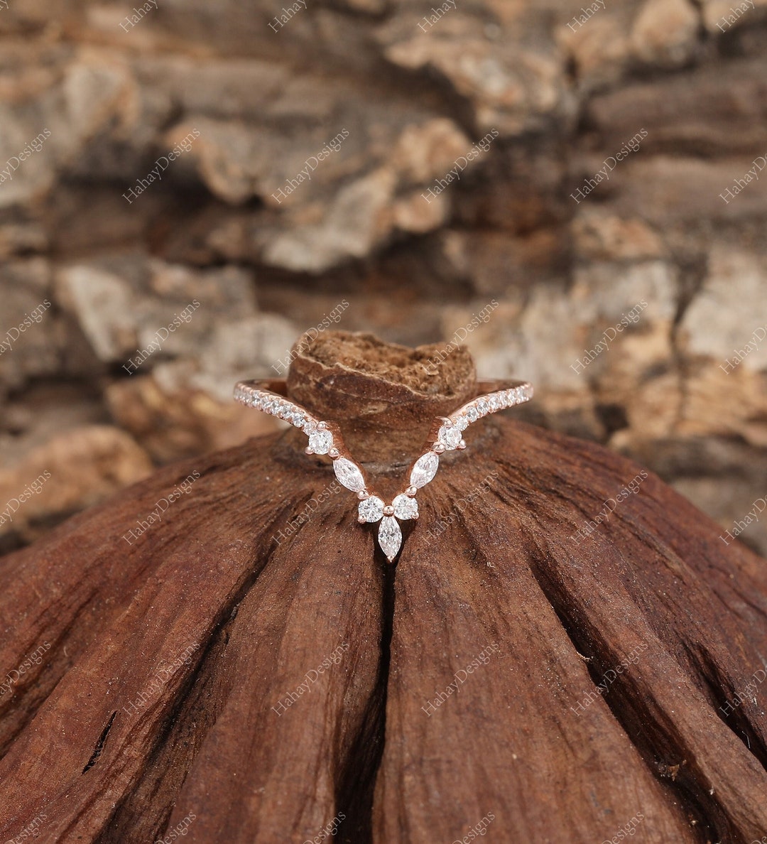 Curved V Shaped Wedding Band, Marquise Wedding Band, Pave Set Diamond ...