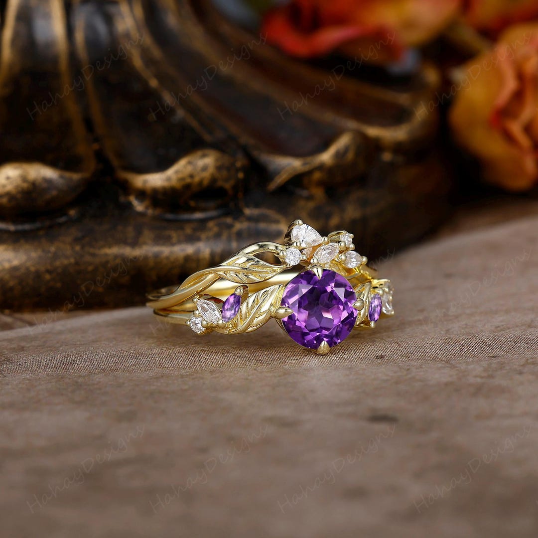 Vintage Amethyst Engagement Ring Set, Art Deco Purple Gemstone Stacking ...