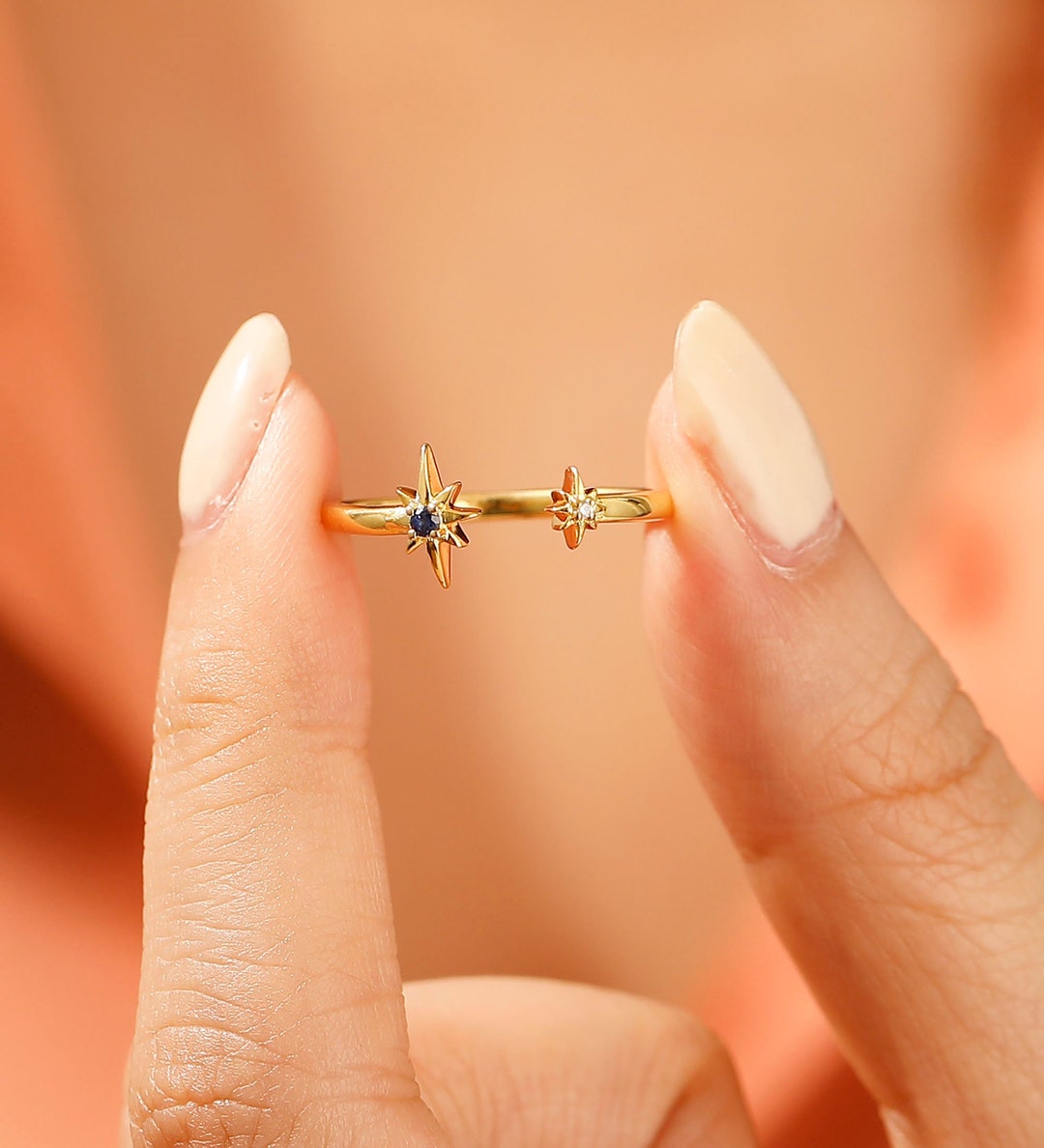 Unique Star Open Ring Sapphire Engagement Ring Solid 14k Gold Sapphire ...