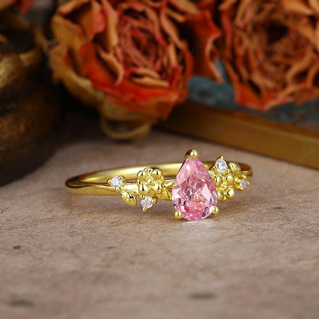Vintage Pink Sapphire Solid Gold Engagement Ring, Unique Wedding Ring ...