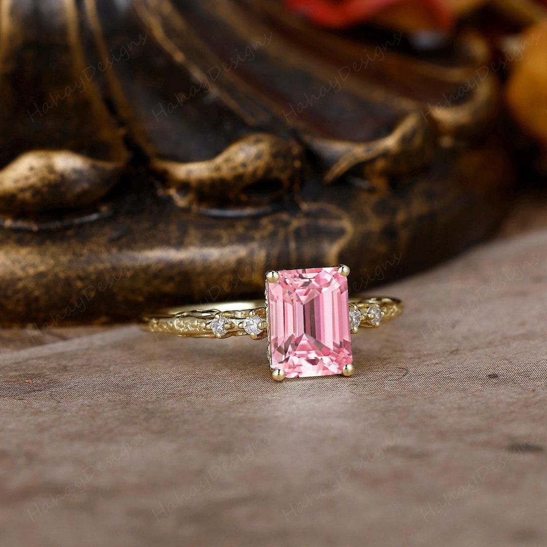 Emerald Cut Pink Sapphire Engagement Ring, 2ct Solid Yellow Gold ...