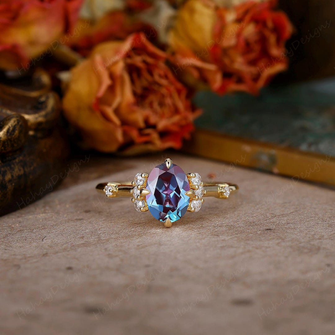 Alexandrite Dainty Ring, Oval Cut Alexandrite Engagement Ring, Art Deco ...