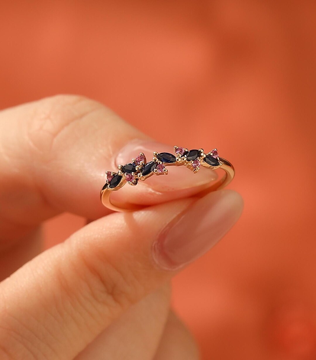 Vintage Marquise Sapphire Stack Wedding Ring, Birthstone Cluster Ruby ...
