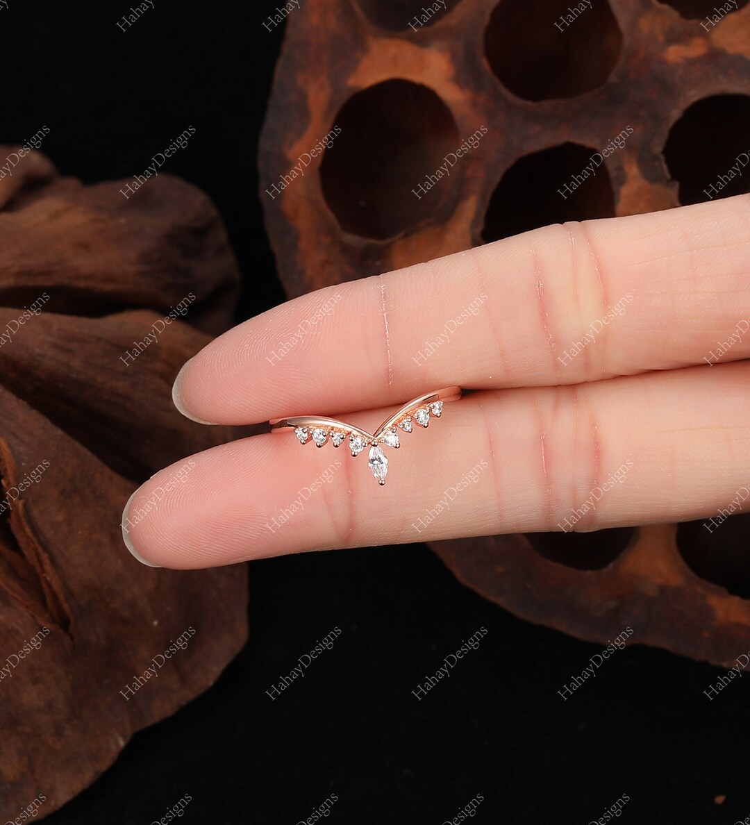 Water Drop Diamond Wedding Band/ Dainty Curved Wedding Band/ Women Rose ...
