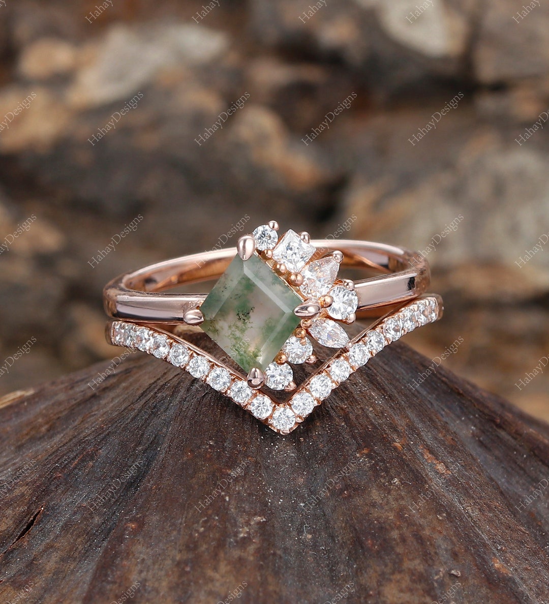 Rhombus Shaped Wedding Ring Set/ Natural Moss Agate Engagement Ring Set ...