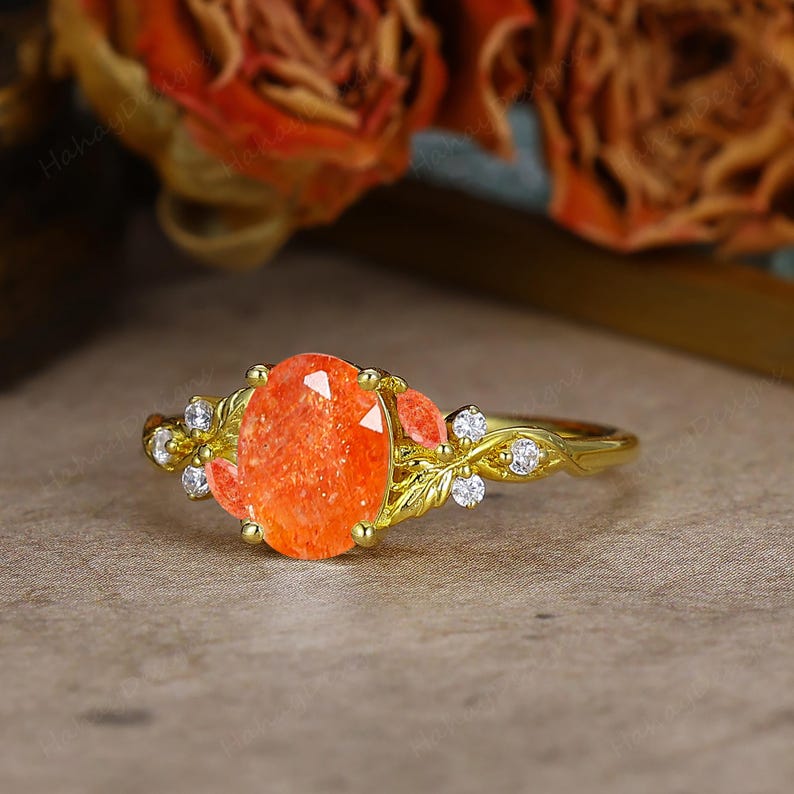Oval Cut Natural Sunstone Wedding Ring, Leaf Vine Nature Inspired ...