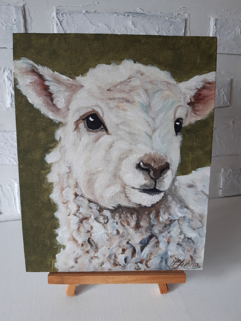 Sheep Painting Farmhouse Original Art Lamb Artwork 12 by 9 - Etsy