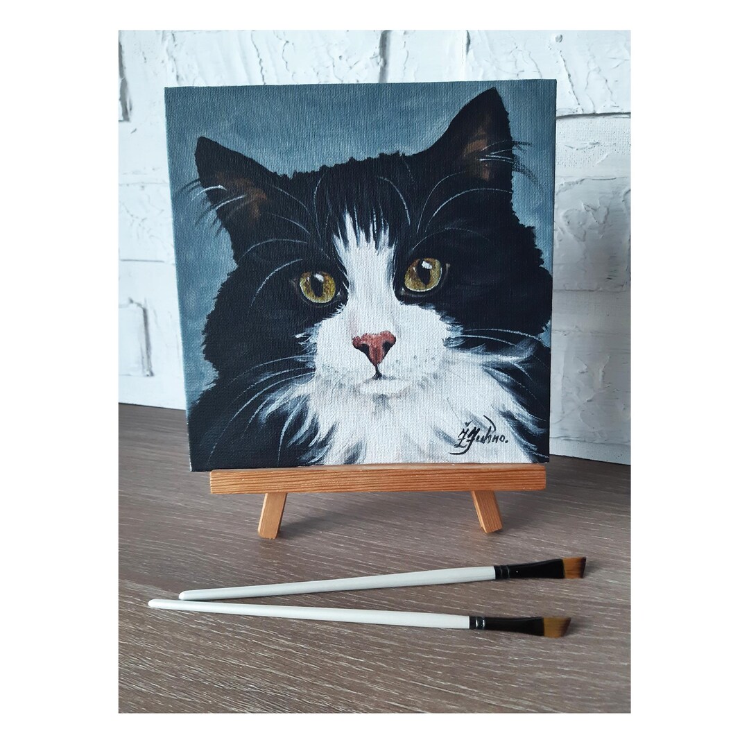 Fluffy Black and White Cat Portrait, Original Oil Painting Tuxedo Cat ...